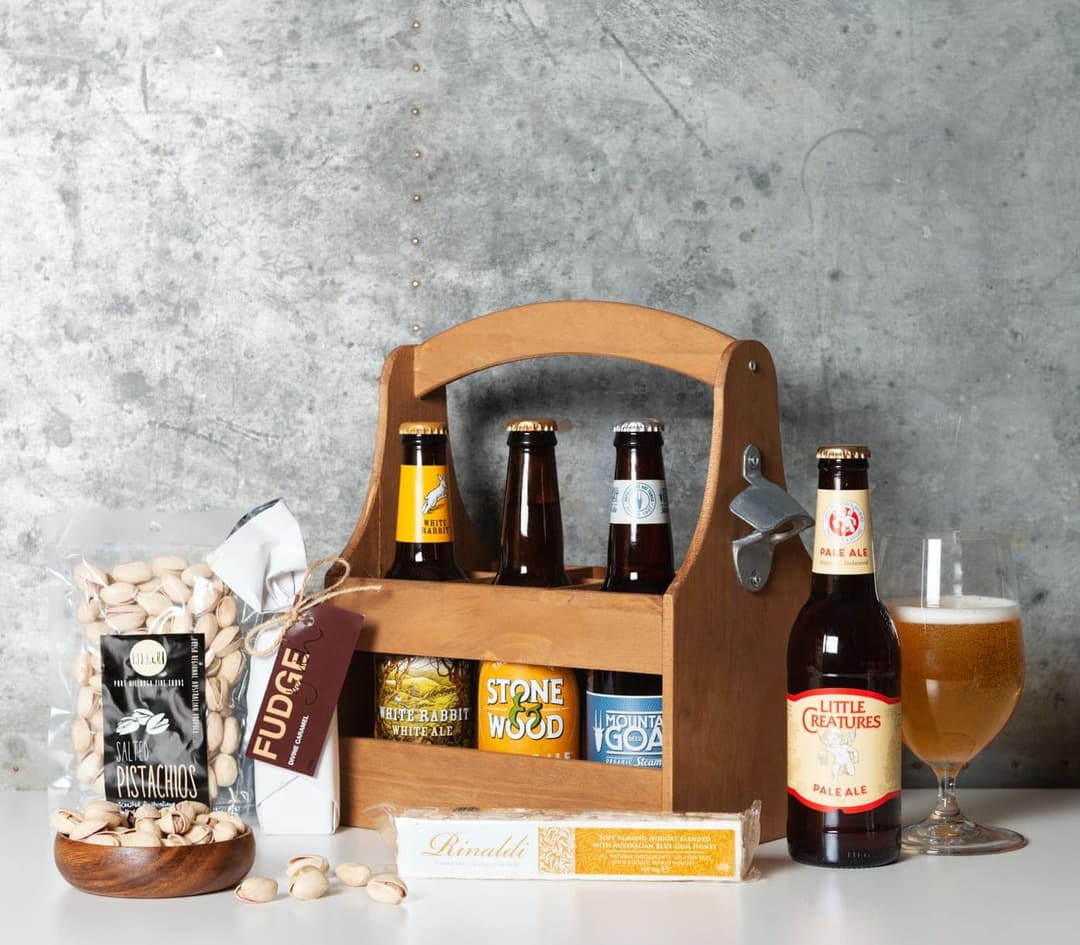 Wooden Beer Caddy with Snacks | Gourmet Basket